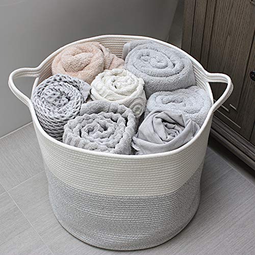 Lily Miles Woven Storage Basket for Blankets - Rope Laundry Basket - Cotton Rope Blanket Basket Living Room - Decorative Round Basket for Kids Toys, Pillows, Towels - Tall Extra Large XXL 18”D x 16”H