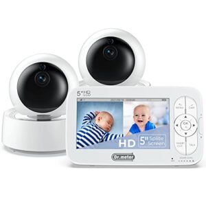 dr.meter split screen baby monitor with 2 cameras, 5'' large display video baby monitor with camera and audio, 720p hd, remote pan-tilt-zoom, 2-way talk, 1000ft range, night vision,no wifi