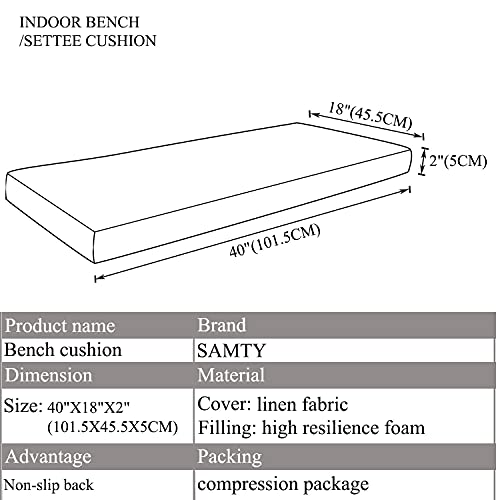 Khaki Bench seat Chair Pads Non-Slip Rubber Back Indoor Swing /Settee Cushion 40'' x 18'' x 2'' (101.6 x 45.7 x 5.08cm)