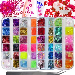 LoveOurHome Nail Glitters Sequins Set Mixed Shaped Holographic Heart Butterfly Neon Star Chunky Glitter Flakes Accessories Manicure Sticker Decorations for Makeup Crafts Resin Nails