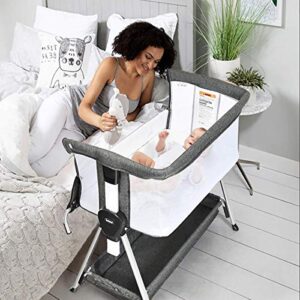 infans baby bassinet bedside crib, newborn sleeper w/large storage basket, adjustable heights & angle, detachable &washable mattress, breathable mesh, straps, easy moving bed side, dark grey