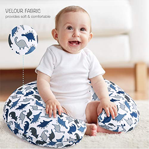 The Peanutshell Nursing Pillow Cover Set for Baby Boys or Girls | Dinosaur & Navy Blue Minky Dot | Unisex 2 Pack