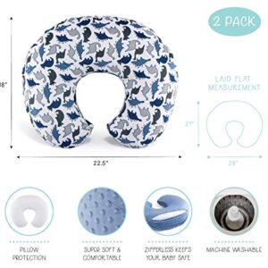 The Peanutshell Nursing Pillow Cover Set for Baby Boys or Girls | Dinosaur & Navy Blue Minky Dot | Unisex 2 Pack