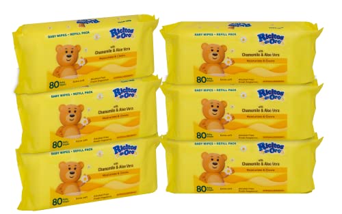 Ricitos de Oro Baby Wipes, Chamomile and Aloe Vera Refillable Baby Wipes, Moisturize and Clean Baby, Lightly Scented, Hypoallergenic, Alcohol-Fee, 6-Pack of 80 wipes each one (480 wipes)