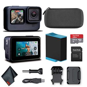 gopro hero9 black - waterproof action camera with front lcd and touch rear screens, 5k hd video, 20mp photos, 1080p live streaming, stabilization + sandisk 64gb card and cleaning cloth