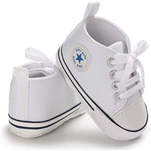 Baby Girls Boys Shoes Newborn First Walkers Star High Top Soft Anti-Slip Sole Canvas Denim Unisex Infant Sneaker (A01-White, 0-6 Months)