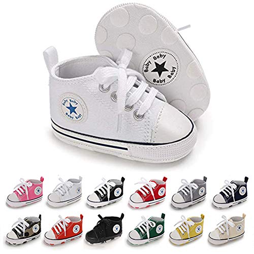 Baby Girls Boys Shoes Newborn First Walkers Star High Top Soft Anti-Slip Sole Canvas Denim Unisex Infant Sneaker (A01-White, 0-6 Months)