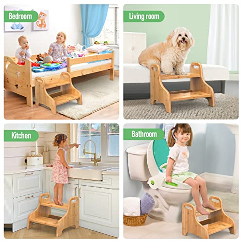 Wooden Kids Adults Step Stool, DORPU Toddler Step Stool for Bathroom Sink, 2 Step Potty Stool with Handles, Bamboo Step Stool, Natural