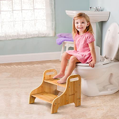 Wooden Kids Adults Step Stool, DORPU Toddler Step Stool for Bathroom Sink, 2 Step Potty Stool with Handles, Bamboo Step Stool, Natural