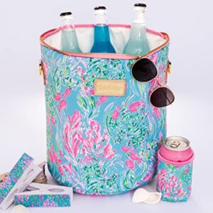 Lilly Pulitzer Water Resistant Vinyl Beach Day Pouch - Includes Drink Hugger, Zip Pouch, and Towel Clips, Best Fishes