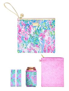 lilly pulitzer water resistant vinyl beach day pouch - includes drink hugger, zip pouch, and towel clips, best fishes