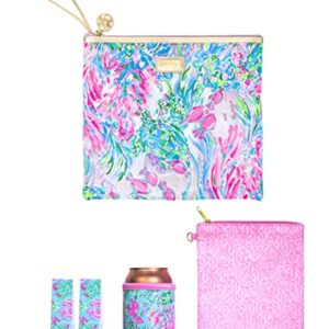 Lilly Pulitzer Water Resistant Vinyl Beach Day Pouch - Includes Drink Hugger, Zip Pouch, and Towel Clips, Best Fishes