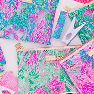 Lilly Pulitzer Water Resistant Vinyl Beach Day Pouch - Includes Drink Hugger, Zip Pouch, and Towel Clips, Best Fishes