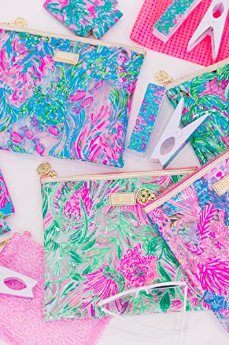 Lilly Pulitzer Water Resistant Vinyl Beach Day Pouch - Includes Drink Hugger, Zip Pouch, and Towel Clips, Best Fishes