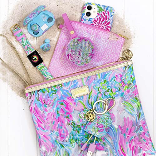 Lilly Pulitzer Water Resistant Vinyl Beach Day Pouch - Includes Drink Hugger, Zip Pouch, and Towel Clips, Best Fishes