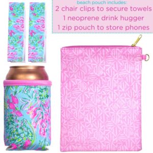 Lilly Pulitzer Water Resistant Vinyl Beach Day Pouch - Includes Drink Hugger, Zip Pouch, and Towel Clips, Best Fishes