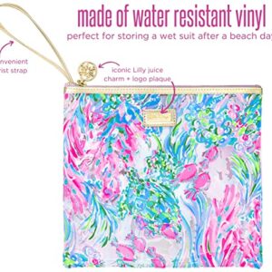 Lilly Pulitzer Water Resistant Vinyl Beach Day Pouch - Includes Drink Hugger, Zip Pouch, and Towel Clips, Best Fishes