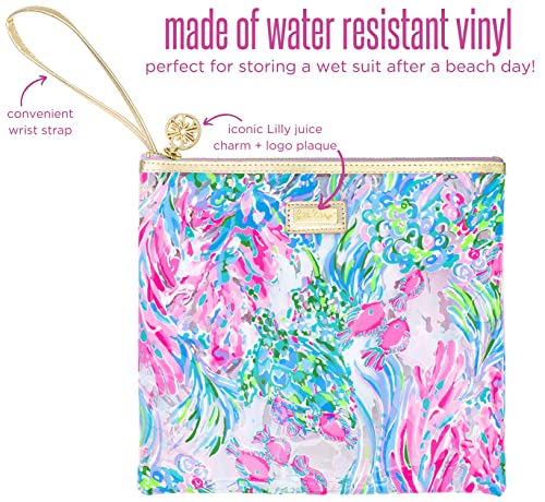 Lilly Pulitzer Water Resistant Vinyl Beach Day Pouch - Includes Drink Hugger, Zip Pouch, and Towel Clips, Best Fishes