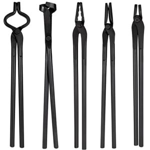 blacksmith tongs tools set for knife making tongs, blacksmithing forge tongs kit 5pcs includes flat tongs & square jaw tongs & bolt tongs & blade tongs & wolf jaw tongs black smith supplies