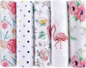 muslin swaddle baby blankets for boys and girls (pack of 5), newborn baby swaddles receiving blankets for 0-3 months, baby essentials gifts, haus and kinder floral print cotton muslin swaddle blankets