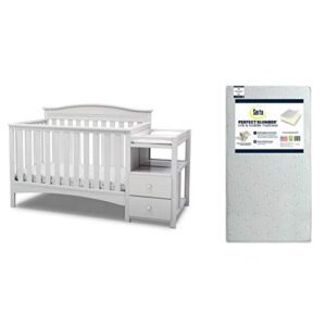 delta children birkley convertible crib n changer, bianca white + serta perfect slumber dual sided recycled fiber core crib and toddler mattress (bundle)