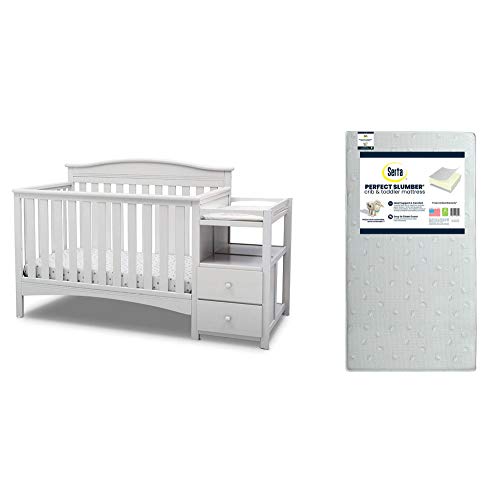 Delta Children Birkley Convertible Crib N Changer, Bianca White + Serta Perfect Slumber Dual Sided Recycled Fiber Core Crib and Toddler Mattress (Bundle)