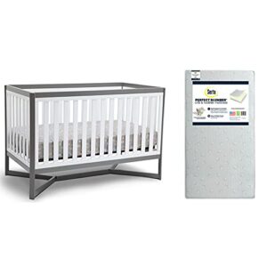 delta children tribeca 4-in-1 baby convertible crib + serta perfect slumber dual sided recycled fiber core crib & toddler mattress - waterproof - hypoallergenic - greenguard gold certified, grey/white