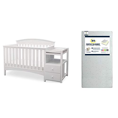 Delta Children Abby Convertible Crib 'N' Changer, Bianca + Serta Perfect Slumber Dual Sided Recycled Fiber Core Crib and Toddler Mattress (Bundle)