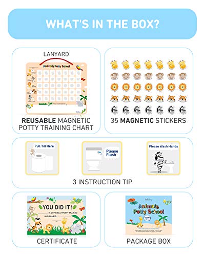 Potty Training Chart for Toddlers,Boys,Girls - Animal Design - Magnetic Sticker Chart, Waterproof Magnetic Potty Training Reward Chart, Certificate, 3 Instruction Steps, 35 Magnetic Stickers