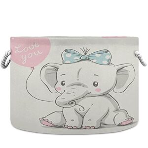 round storage basket 20"x14" cute baby elephant and balloons collapsible storage organizer basket with handles, fabric nursery laundry basket large capacity