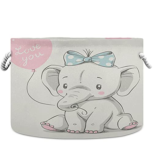 Round Storage Basket 20"x14" Cute Baby Elephant and Balloons Collapsible Storage Organizer Basket with Handles, Fabric Nursery Laundry Basket Large Capacity