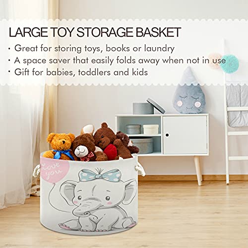 Round Storage Basket 20"x14" Cute Baby Elephant and Balloons Collapsible Storage Organizer Basket with Handles, Fabric Nursery Laundry Basket Large Capacity