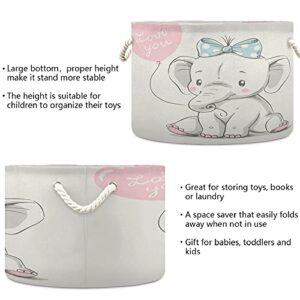 Round Storage Basket 20"x14" Cute Baby Elephant and Balloons Collapsible Storage Organizer Basket with Handles, Fabric Nursery Laundry Basket Large Capacity