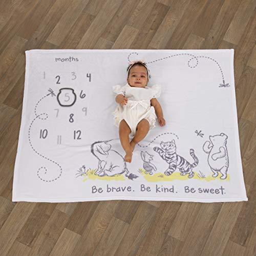 Disney Classic Winnie The Pooh, White, Grey & Lime Super Soft Milestone Baby Blanket, White, Grey, Lime, Charcoal