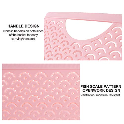 STARVAST 3 Pack Plastic Storage Baskets, Portable Pink Fish Scale Pattern Hollow Desktop Storage Bin Box with Handle for Kitchen, Bathroom, Kids Room or Nursery Storage – 13.8 x 11.2 x 5.1 inches