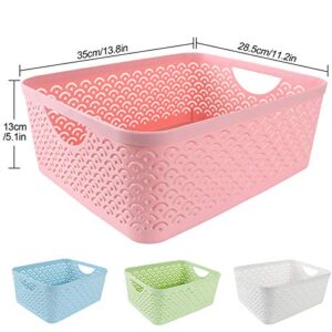 STARVAST 3 Pack Plastic Storage Baskets, Portable Pink Fish Scale Pattern Hollow Desktop Storage Bin Box with Handle for Kitchen, Bathroom, Kids Room or Nursery Storage – 13.8 x 11.2 x 5.1 inches