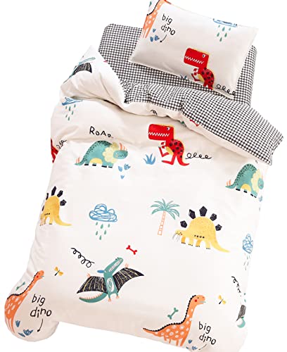 J-pinno Dinosaur Plaid Boys Girls Cartoon Duvet Cover + Pillowcase Set, Zipper Closure, 100% Cotton, for Kids Crib Toddler Bedding Decoration Gift (Dinosaur 2, Crib 47" X 59")