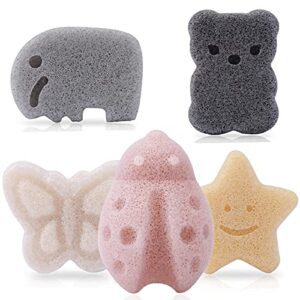 kecuco konjac baby sponge for bathing, natural kids bath sponges for infants, toddler bath time, cute shapes natural and safe plant-based konjac baby bath accessories, 5pcs