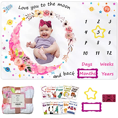 Kmivo Milestone Blanket for Baby Girl, Baby Monthly Photo Blankets Soft Large Memory Blanket with Headband & Milestone Cards for Newborn Baby Shower, 60” x 40”