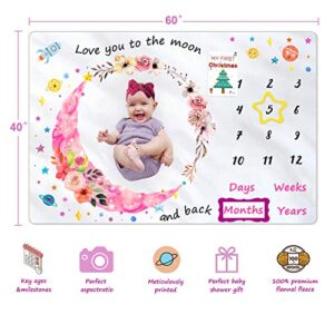 Kmivo Milestone Blanket for Baby Girl, Baby Monthly Photo Blankets Soft Large Memory Blanket with Headband & Milestone Cards for Newborn Baby Shower, 60” x 40”