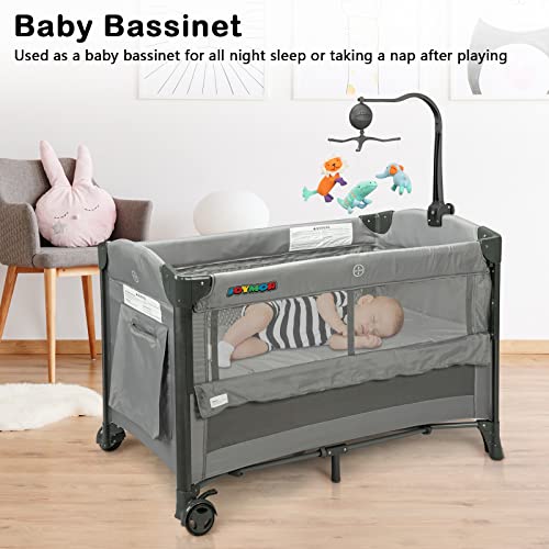 JOYMOR Baby Bedside Sleeper, Extra Large Bed Side Bassinet, Pack n Play Convert Playpen, Quick Foldable Travel Bassinet Bed, with Toy, Wheels & Brake, Carry Bag for Boys Girls