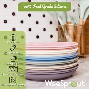 WeeSprout Non-Suction Silicone, Plastic Dishware Plate (With Lids), Food Grade for Toddlers, Kids, Dishwasher and Microwave Safe (Matte Dark Grey, Blue & Green, 3 Count (Pack of 1))