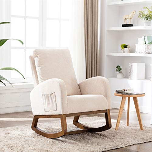 Dolonm Rocking Chair Mid-Century Modern Nursery Rocking Armchair Upholstered Tall Back Accent Glider Rocker for Living Room (Beige)