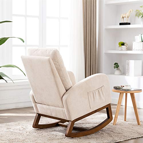 Dolonm Rocking Chair Mid-Century Modern Nursery Rocking Armchair Upholstered Tall Back Accent Glider Rocker for Living Room (Beige)