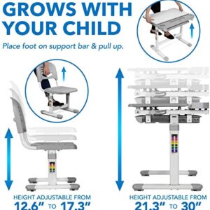 Ergonomic Kids Study Desk and Chair Height Adjustable School Student Study Desk with Tilt Desktop, Book Stand, Cup Holder, Steel Hook, Storage Drawer and Height Adjustable Chair Set