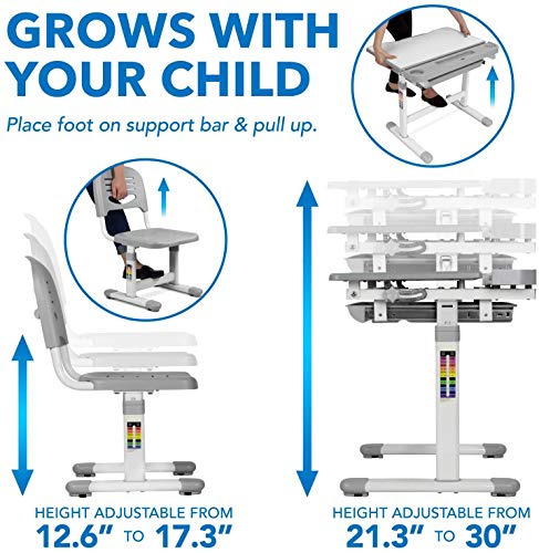 Ergonomic Kids Study Desk and Chair Height Adjustable School Student Study Desk with Tilt Desktop, Book Stand, Cup Holder, Steel Hook, Storage Drawer and Height Adjustable Chair Set