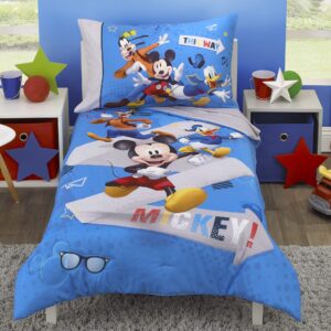 mickey mouse toddler bedding set - disney mickey mouse and pals 4 piece bedding includes fitted sheet, pillowcase, top sheet, and comforter quilt - blue