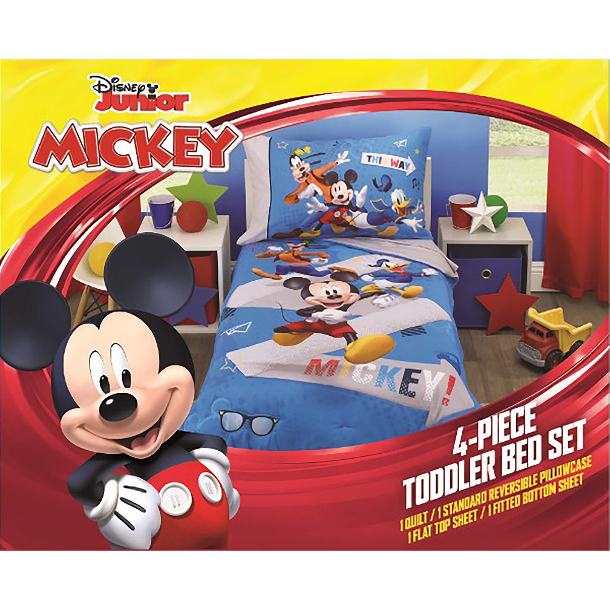 Mickey Mouse Toddler Bedding Set - Disney Mickey Mouse and Pals 4 Piece Bedding Includes Fitted Sheet, Pillowcase, Top Sheet, and Comforter Quilt - Blue