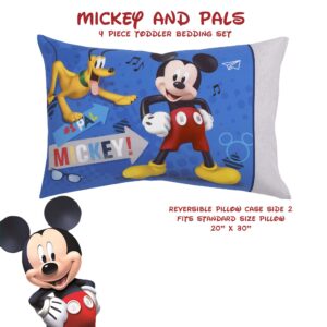 Mickey Mouse Toddler Bedding Set - Disney Mickey Mouse and Pals 4 Piece Bedding Includes Fitted Sheet, Pillowcase, Top Sheet, and Comforter Quilt - Blue