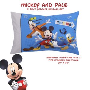 Mickey Mouse Toddler Bedding Set - Disney Mickey Mouse and Pals 4 Piece Bedding Includes Fitted Sheet, Pillowcase, Top Sheet, and Comforter Quilt - Blue